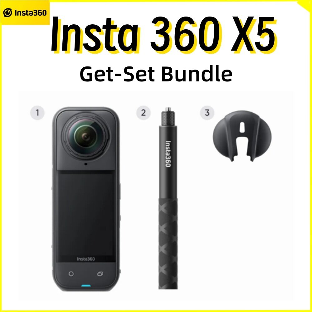 Панорамная Камера Insta360 X5 8K Невидимая Селфи Палка 114см Двойная Батарея AI Автоподбор Кадров Черный Get-Set Bundle