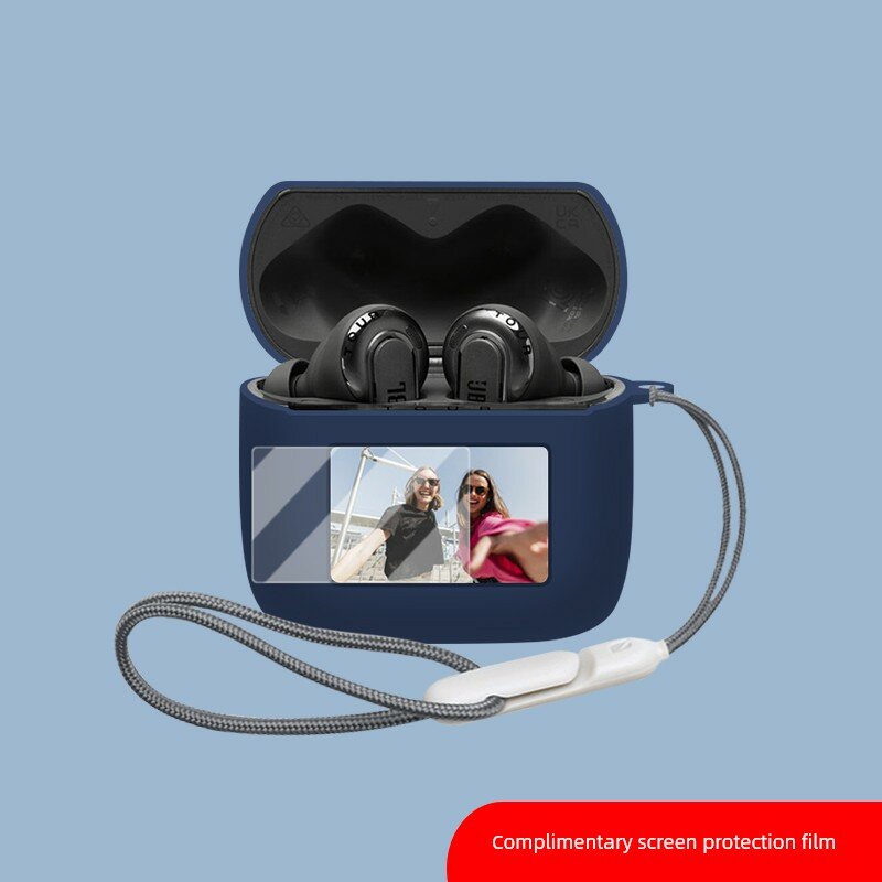 Чехол JBL TOUR PRO 3 темно-синего цвета с прозрачной защитной пленкой и регулируемым шнуром