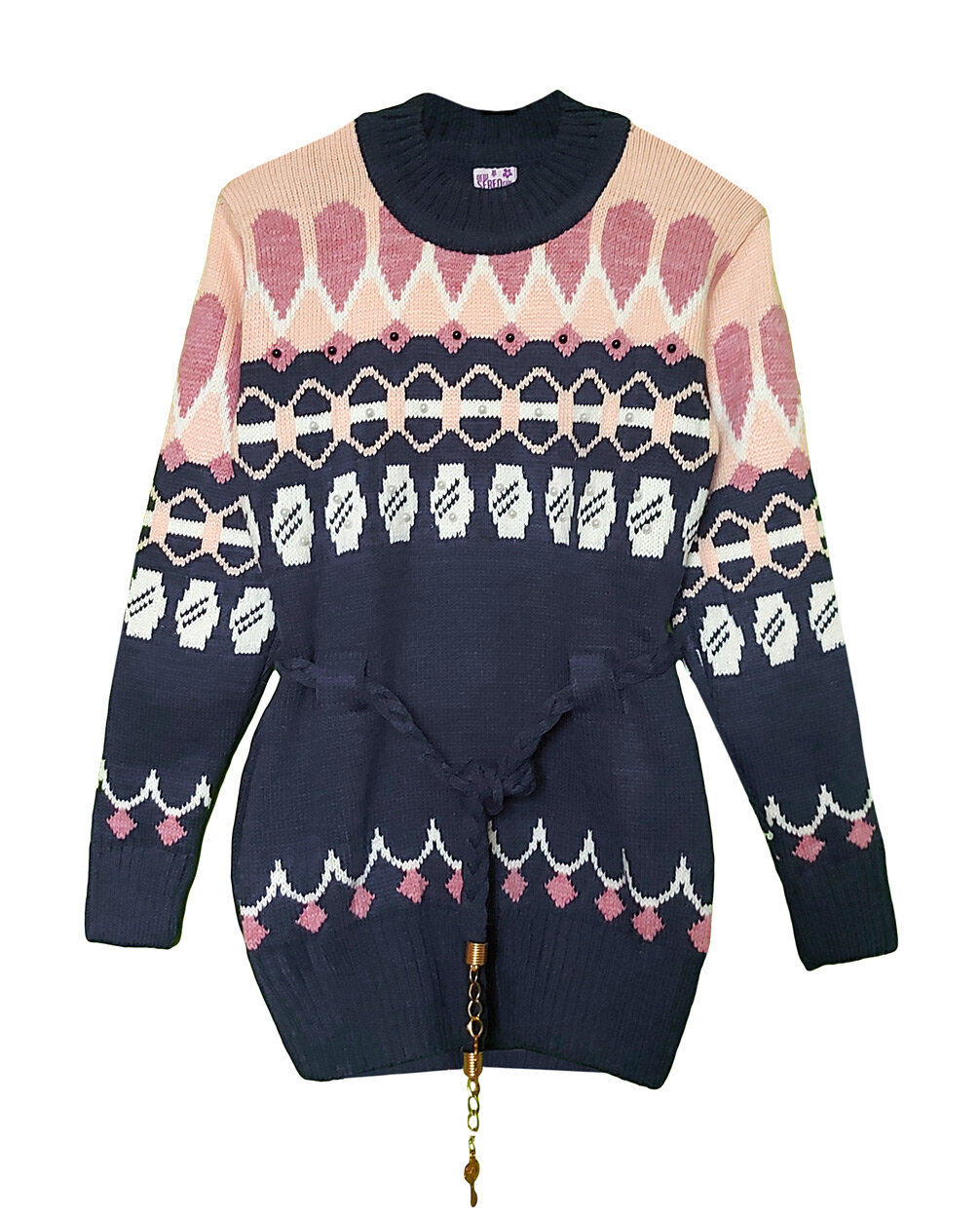 Джемпер  Вязаный джемпер - туника с пояском для девочек