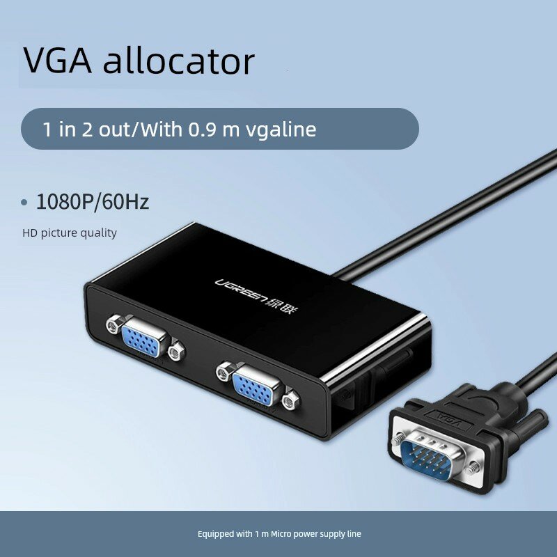 1xВХ 2xВЫХ VGA разветвитель с 0,9 м кабелем VGA и 1 м кабелем Micro USB для ТВ монитора проектора