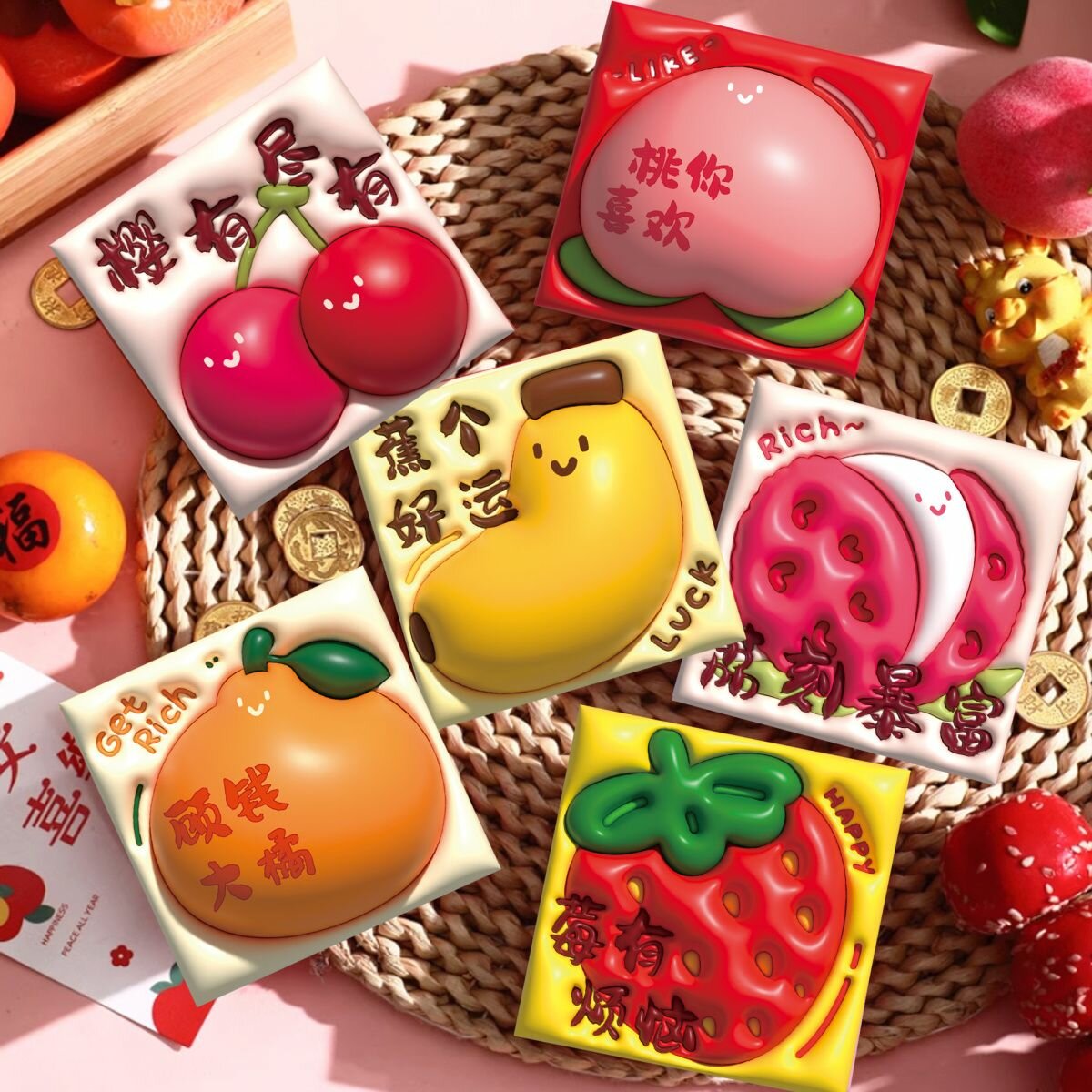 Красный конверт с изображением змеи SG2025, милый персонализированный креативный фруктовый 3D конверт для денег, новогодний денежный мешок