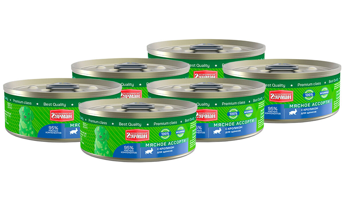 Корм влажный Четвероногий Гурман Мясное Ассорти для щенков, кролик банка, 100 гр х 6 шт