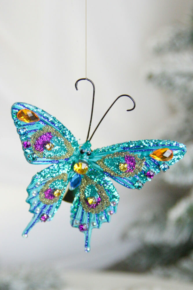 Ёлочная игрушка бабочка - грёза павлина на клипсе, пластик, голубая, 8 см, Kurts Adler T3106-3