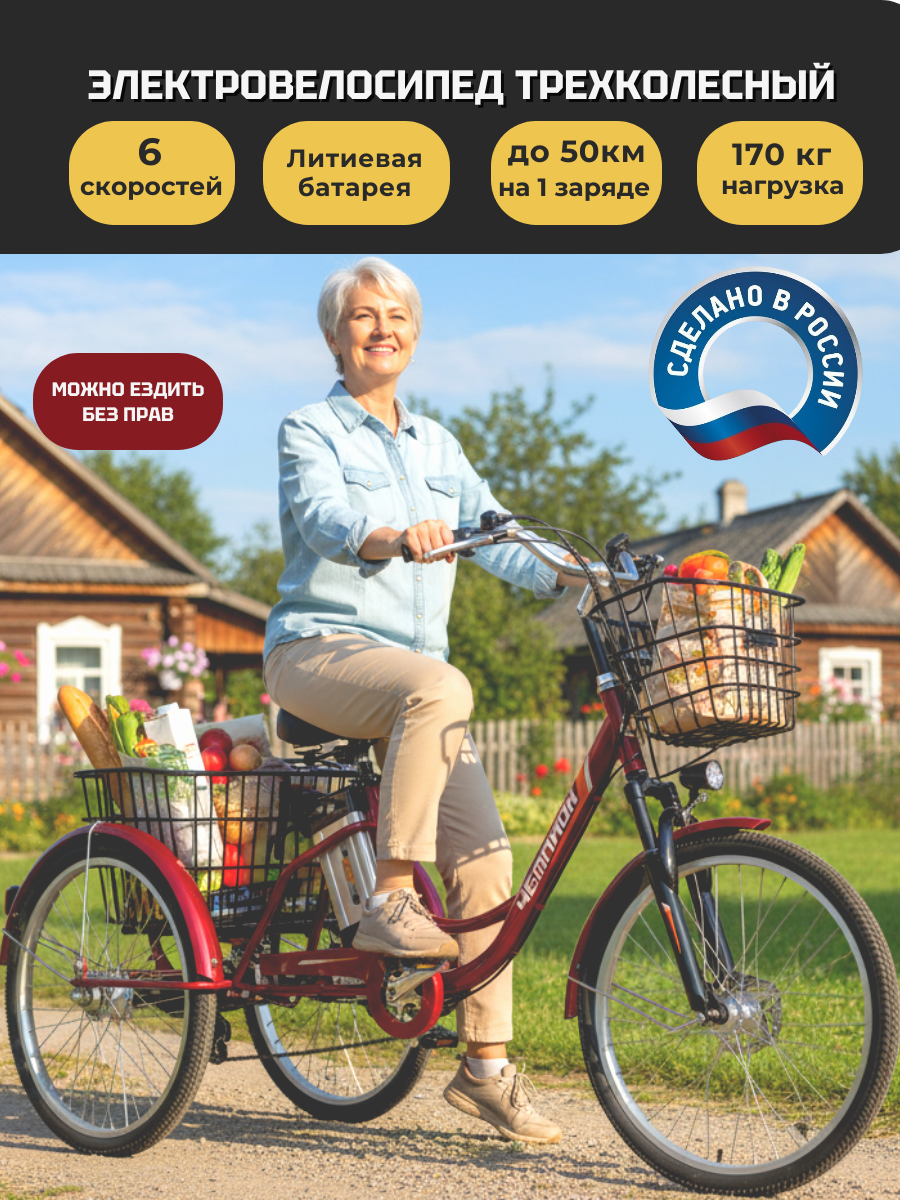 Электровелосипед трехколесный взрослый красный РВЗ Чемпион 24, 250 В, 10 А, 6 скоростей