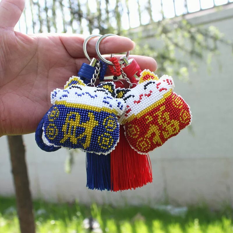 Набор для вышивки крестиком с парой ключей на кожаном шнуре и бахромой, кошачий дизайн для авто, ручная работа