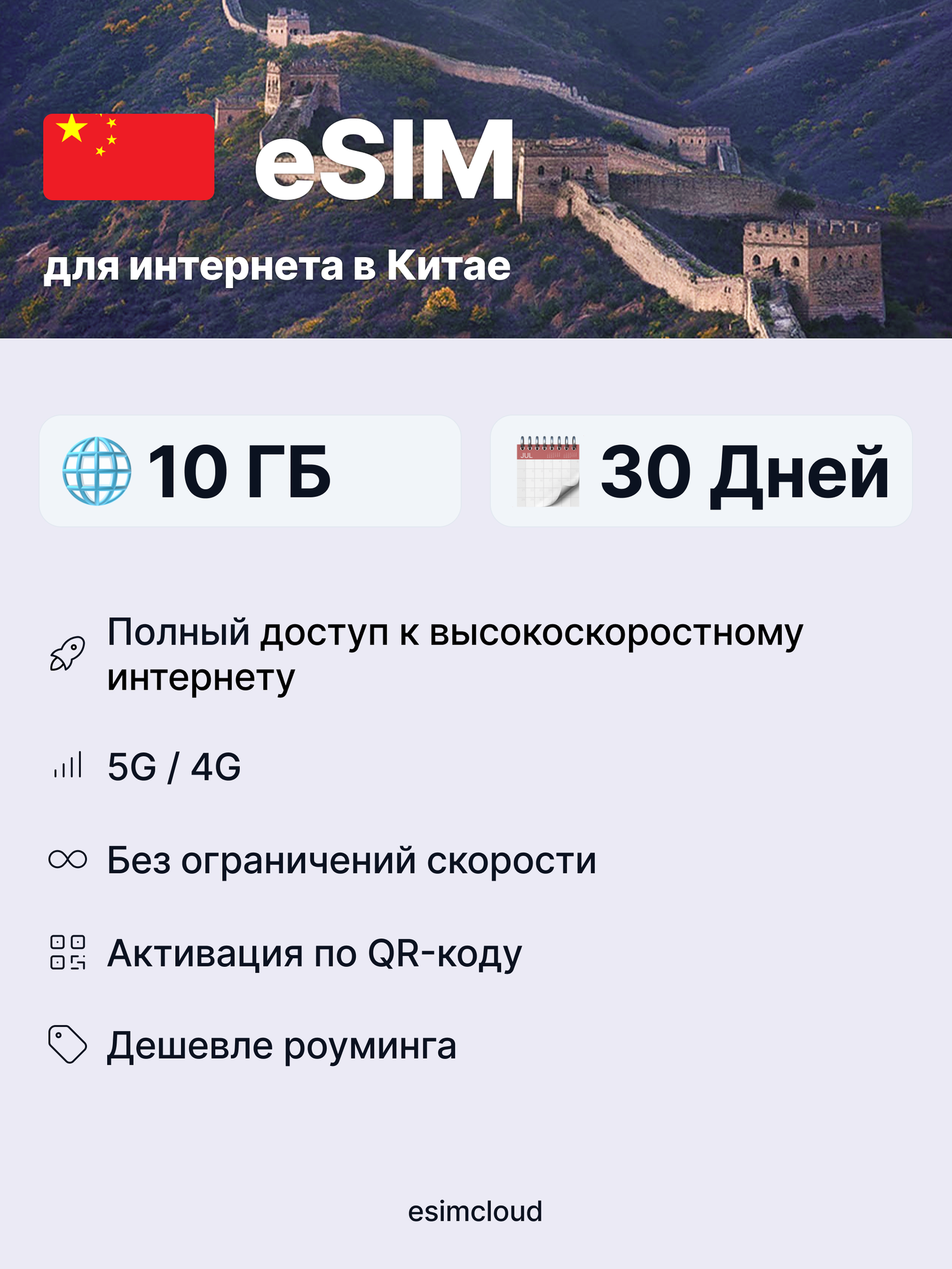 ESIM для Китая 10 ГБ / 30 дней • Мобильный интернет • Универсальная eSIM • 4G LTE / 5G • Смартфон и планшет