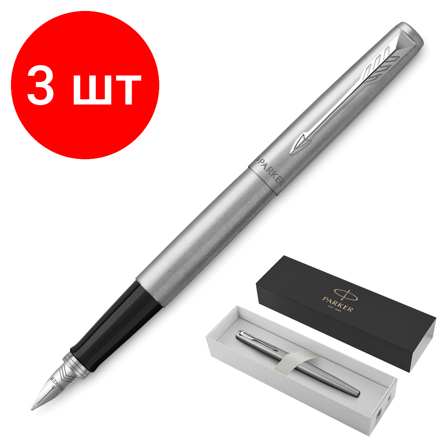 Комплект 3 шт, Ручка перьевая PARKER "Jotter Stainless Steel CT", корпус серебристый, хромированные детали, синяя, 2030946