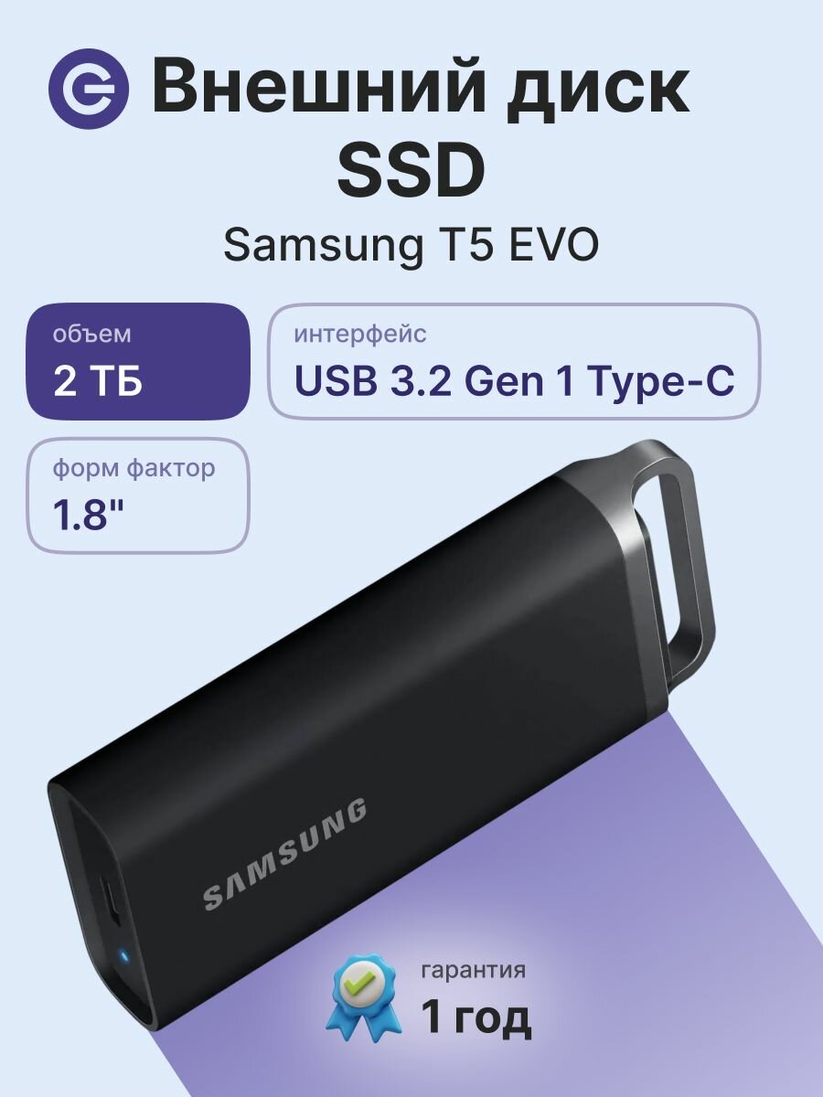 Внешний SSD диск SAMSUNG T5 EVO 2TB Black (MU-PH2T0S/WW), официальная гарантия