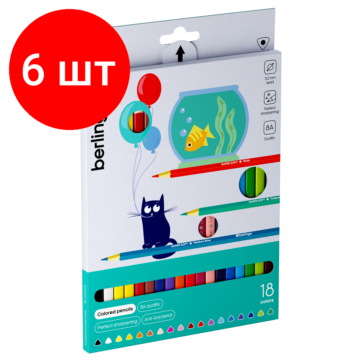 Комплект 6 шт, Карандаши цветные Berlingo "SuperSoft. Жил-был кот", 18цв, трехгран, заточен, картон, европодвес