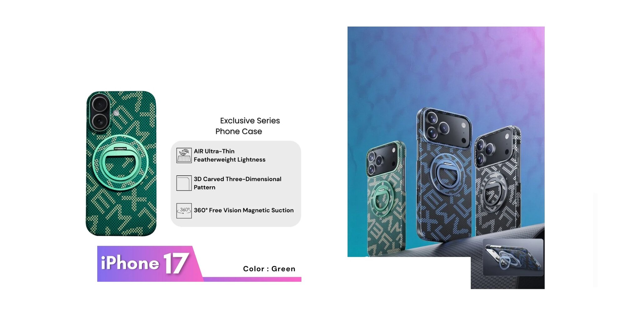Чехол накладка для iPhone 17, Remax Exclusive Series Magnetic+ Кольцо с подставкой 360, 1.2 мм, Зеленый