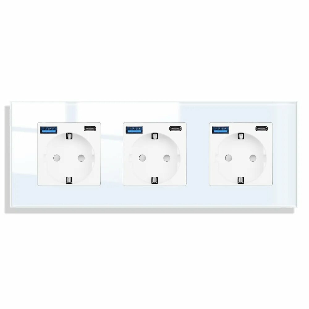 Розетка тройные электрическая 250В 16А, с USB/Type-C 2.1A , с заземлением,3 пост, стекло Рамка белый