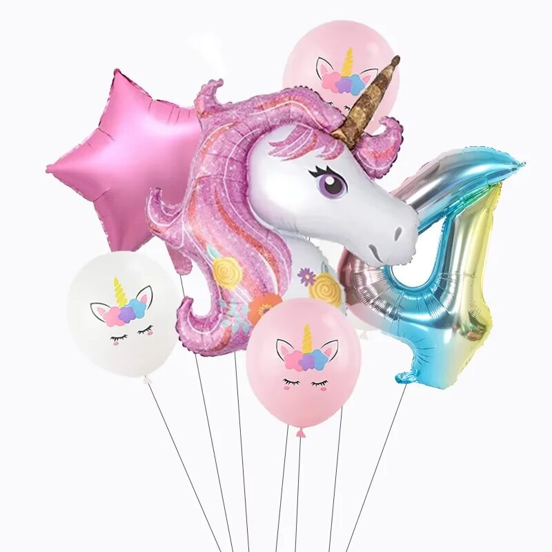 7 шт. Радужные воздушные шары с единорогом, единорог, украшение на день рождения, воздушный шар из фольги с номером, детский декор для дня рождения для девочек, детский душ Globos