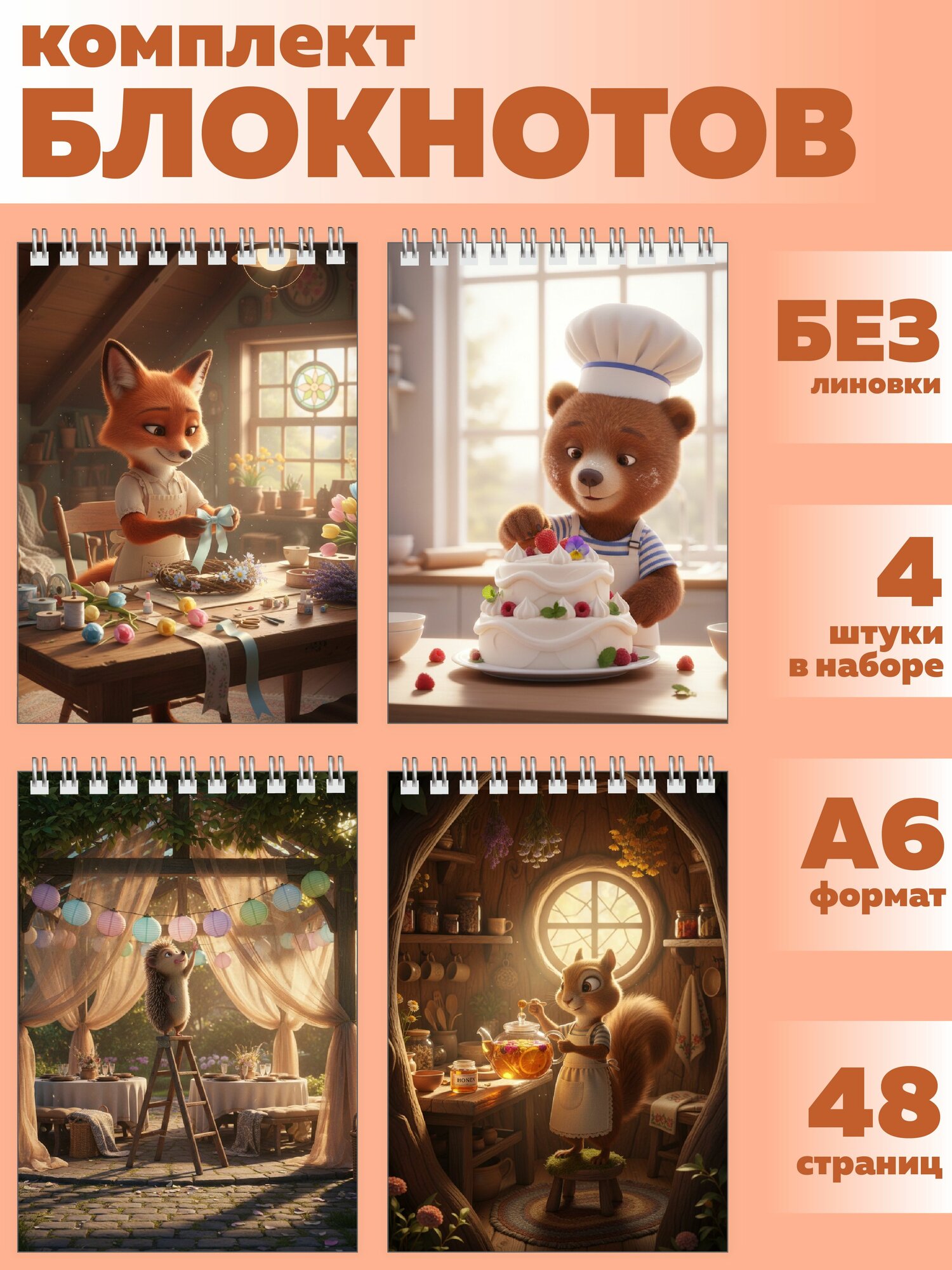 Комплект блокнотов А6 "Пушистые девочки" на 8 марта, 4 шт. (без линовки)