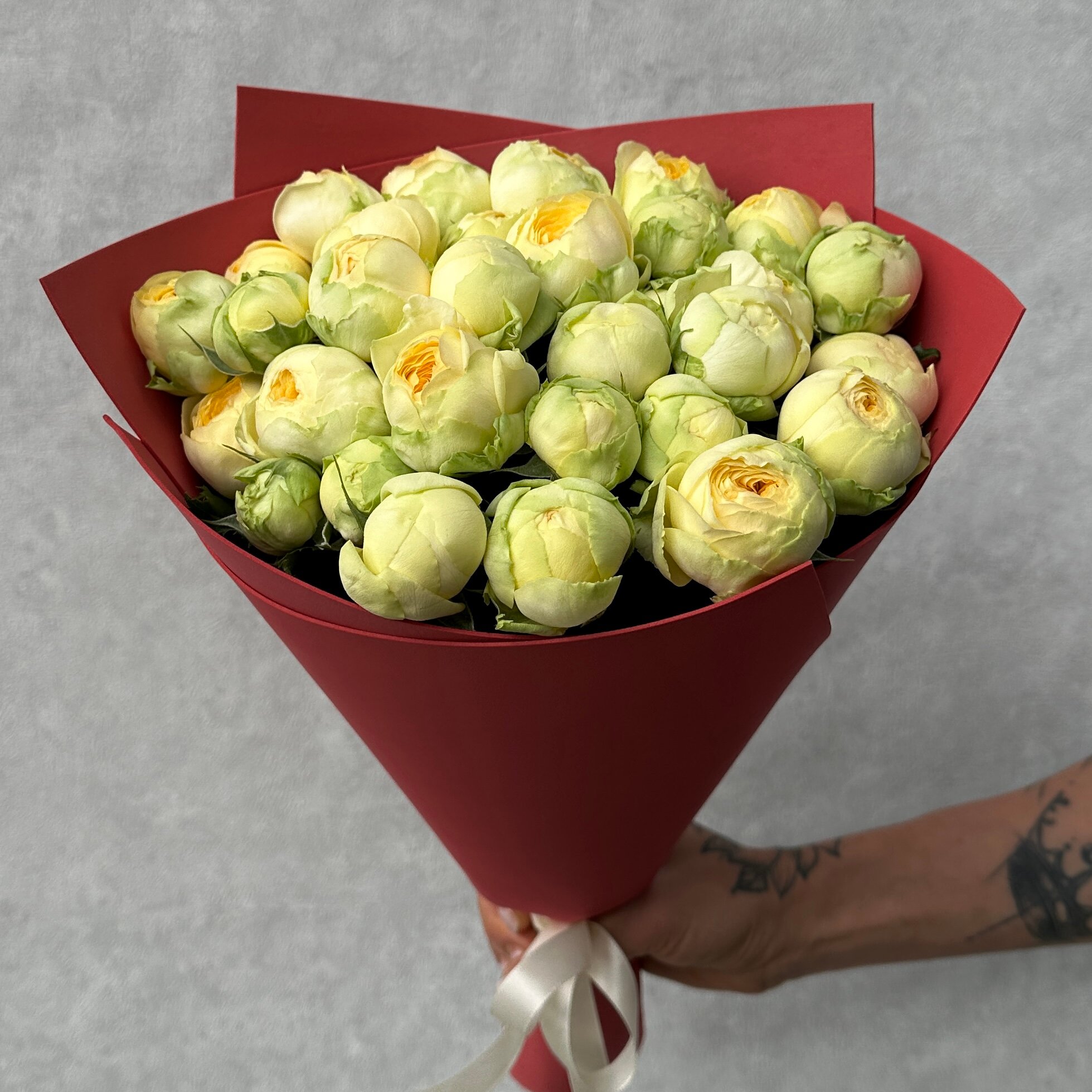 Букет из 25 кустовых пионовидных розы«Пиони Баблз» / упаковка бордо / Радуга Букет