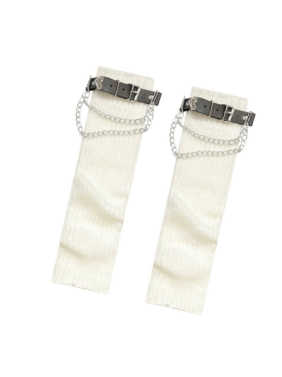 Вязаные гольфы с сердцами и кожаным ремнем, Белый