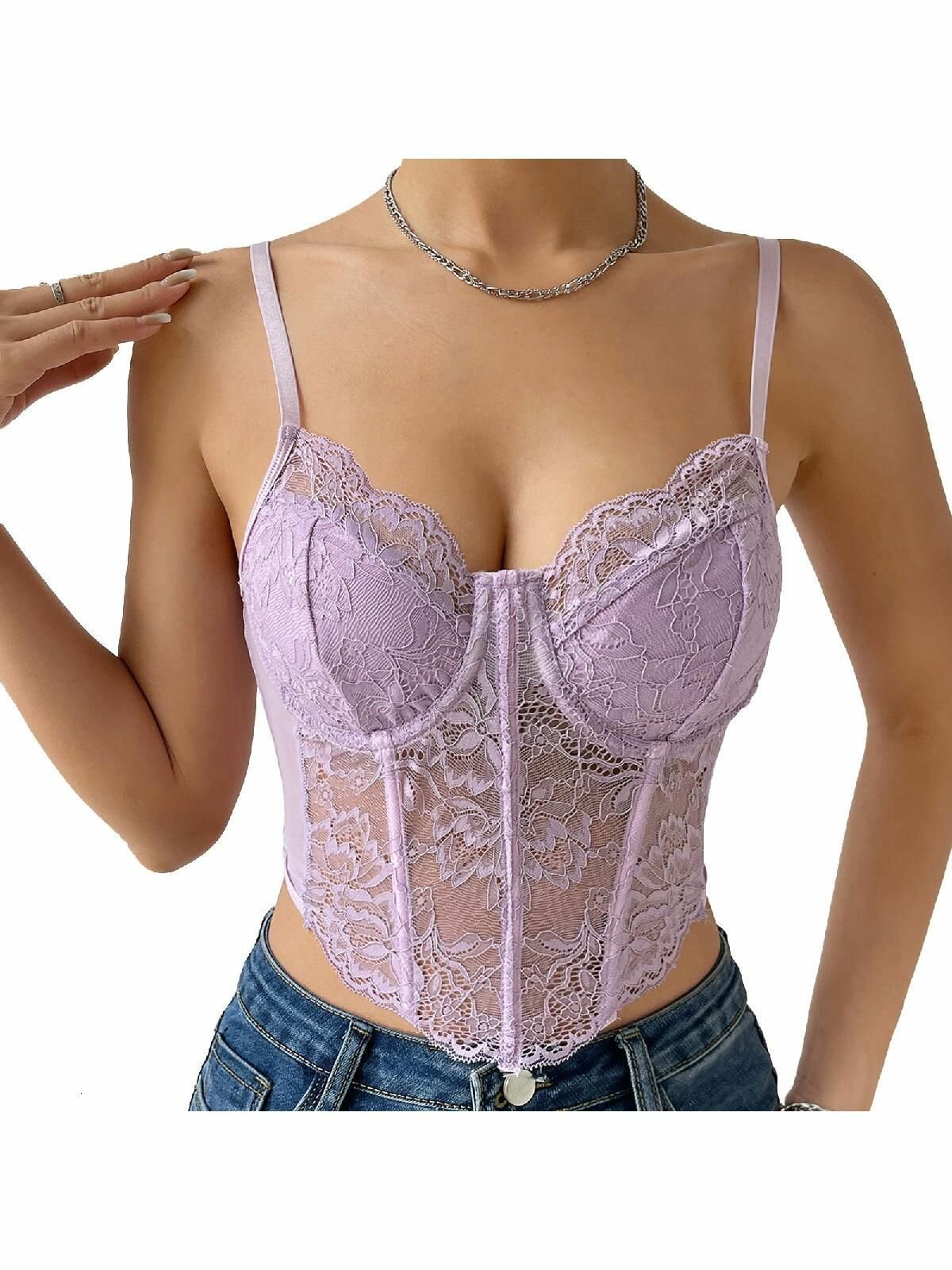 Женский цветочный кружевной корсетный топ, Фиолетовый - S