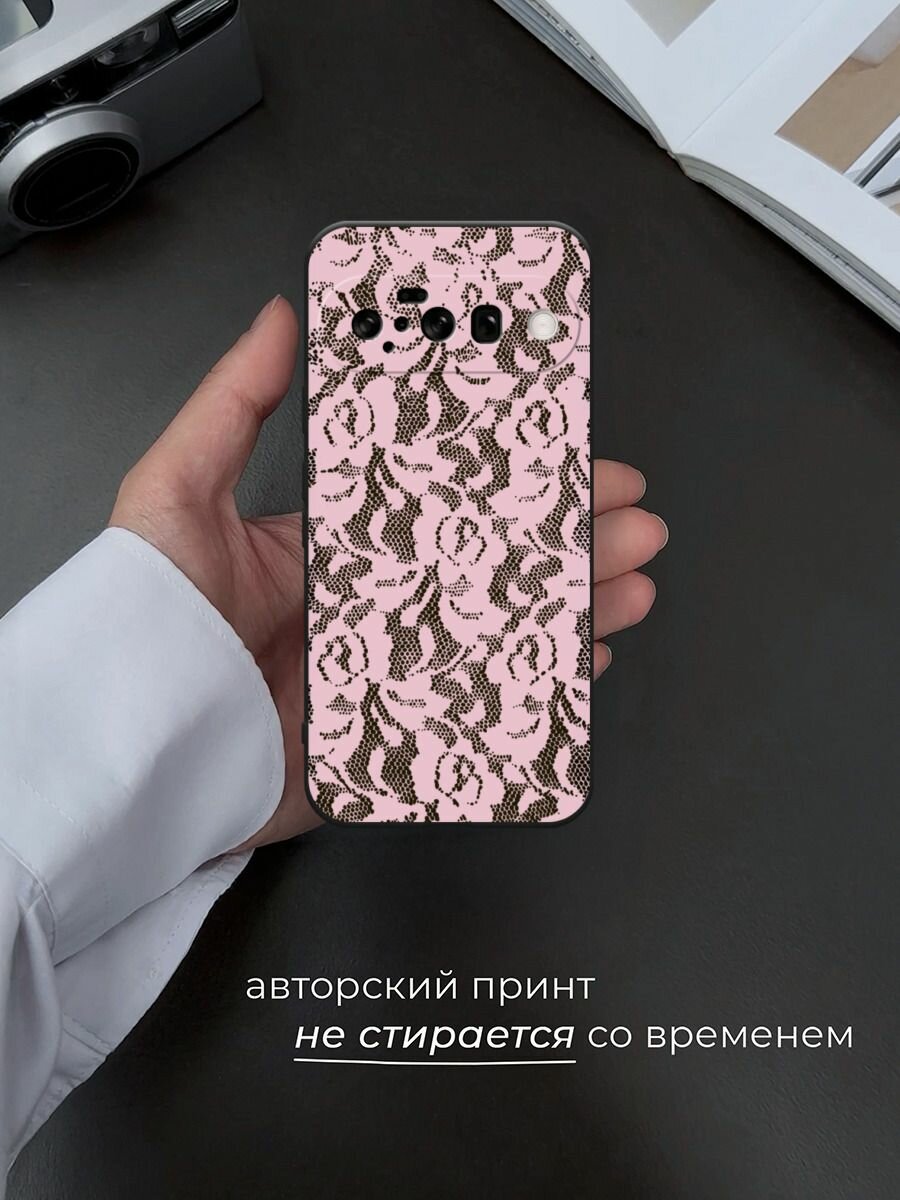 Черный матовый чехол на Google Pixel 10 / Гугл Пиксель 10 с принтом Розовые кружева цветов — фото 1