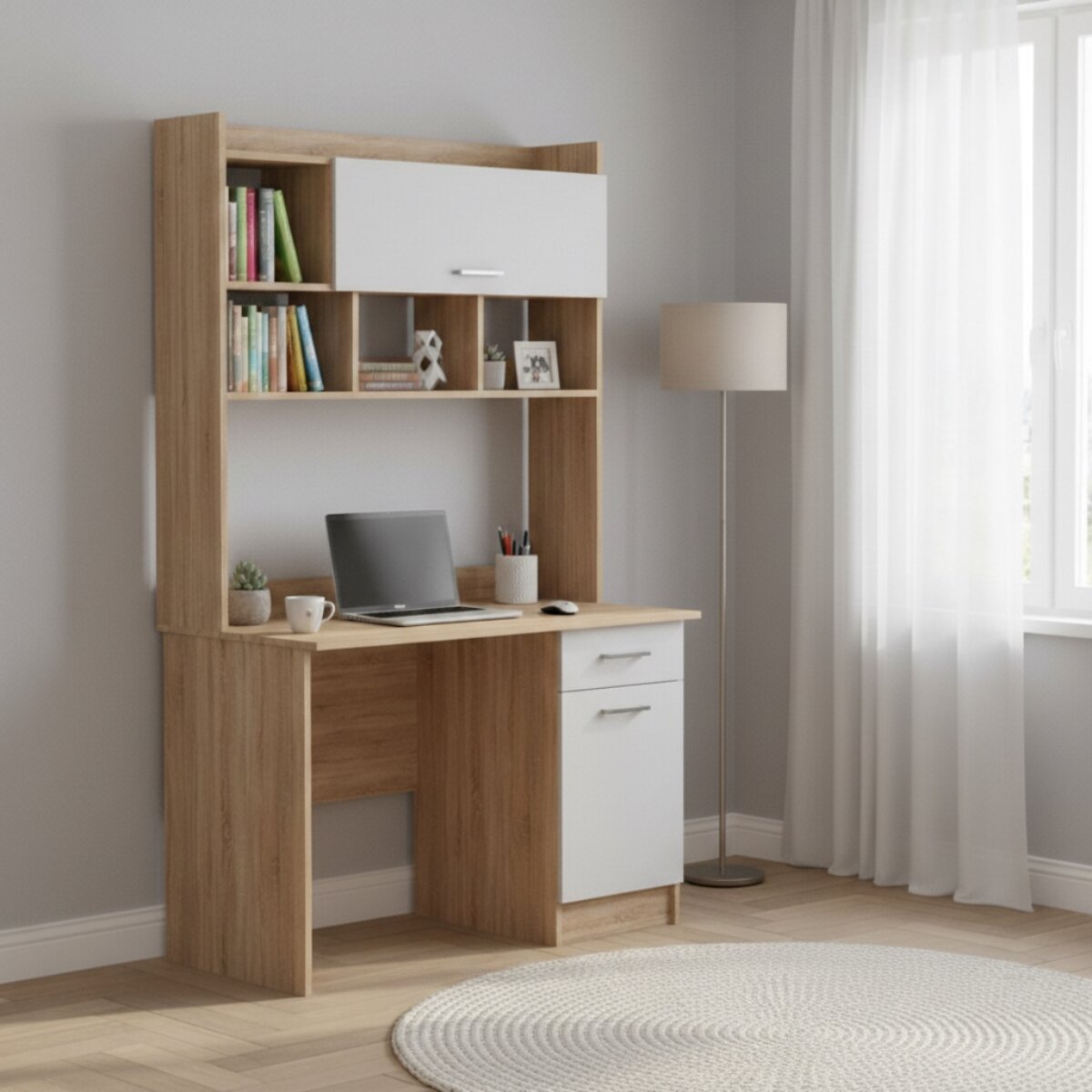 Стол компьютерный письменный Памир ПКС-2 с полкой надстройкой и выдвижными ящиком, белый глянец/дуб сонома