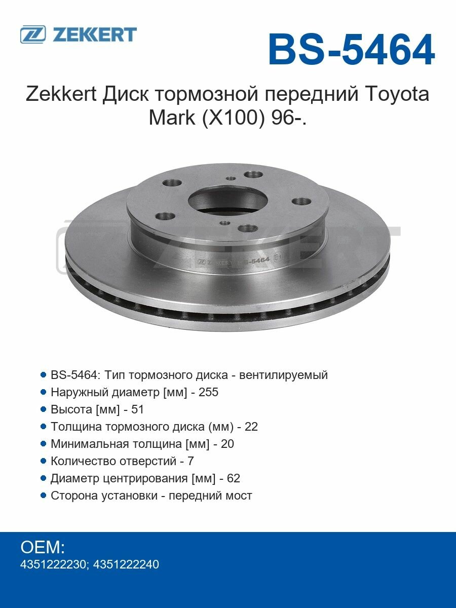 Zekkert Диск тормозной передний Toyota Mark (X100) 96-.