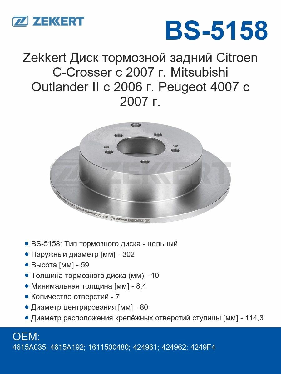 Zekkert Диск тормозной задний Citroen C-Crosser с 2007 г. Mitsubishi Outlander II с 2006 г. Peugeot 4007 с 2007 г.