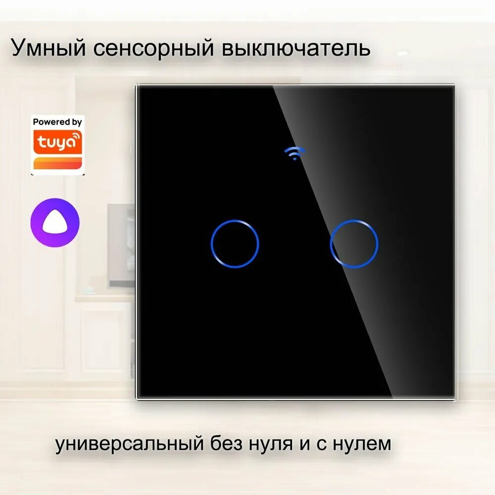 Умный сенсорный выключатель с Алисой WiFi и RF 433, универсальный без нуля и с нулем, 2 клавиша, черный