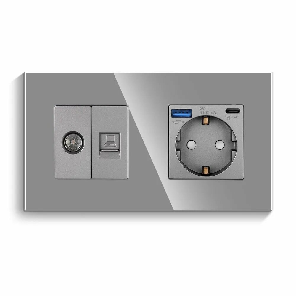 Розетка 2 поста с RJ45 интернет cat6/тв , с Usb/Type-C , 250В /16А, рамка стекло, цвет серый