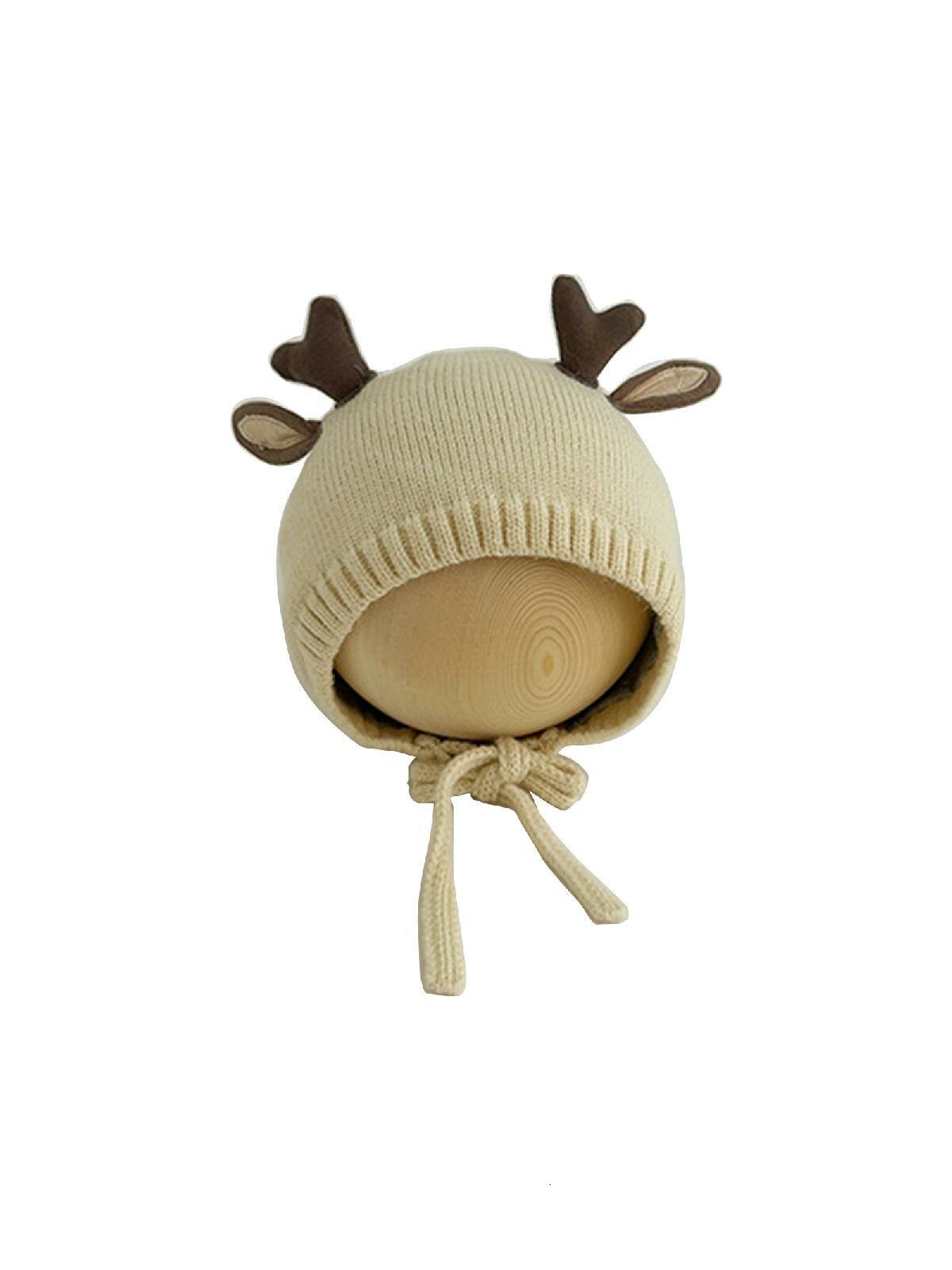 Детская шапка-олень с козырьком, Детская шапочка с милыми оленьими рогами, плотная теплая детская шапочка-бини с ремешком для подбородка