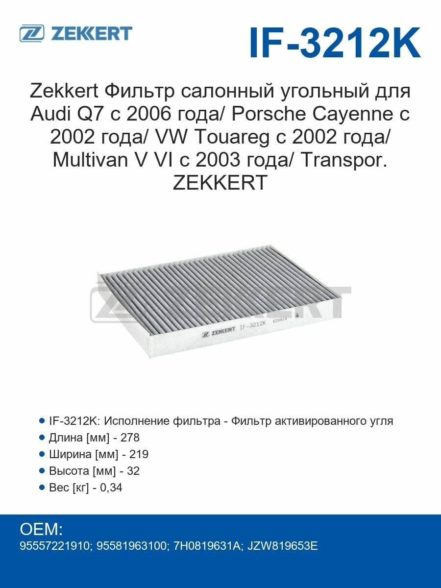 Zekkert Фильтр салонный угольный для Audi Q7 с 2006 года/ Porsche Cayenne с 2002 года/ VW Touareg с 2002 года/ Multivan V VI с 2003 года/ Transpor. ZEKKERT