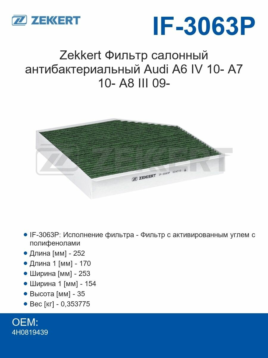 Zekkert Фильтр салонный антибактериальный Audi A6 IV 10- A7 10- A8 III 09-
