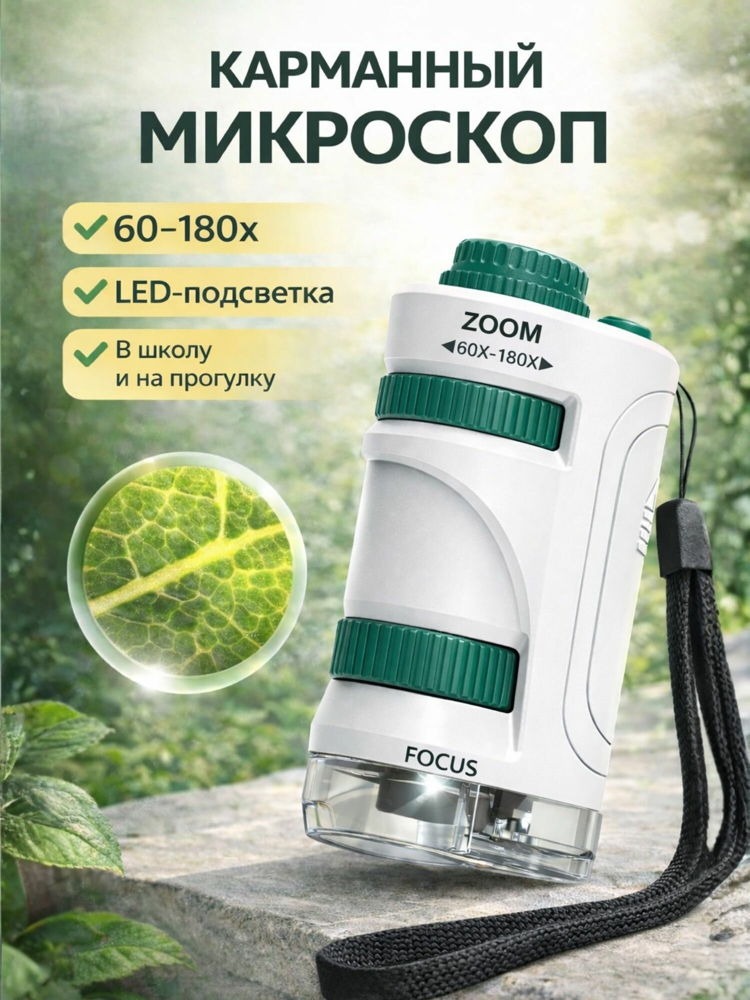 Микроскоп карманный "STEM-подарок", LED-подсветка, 60-180x, зелёный, 0,2 кг
