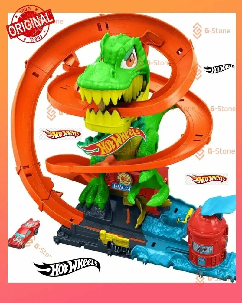Hot Wheels Круговой трек Remiza T-rex Набор для игры около 35 см в высоту автомобильный трек динозавр с подвижными JBM73