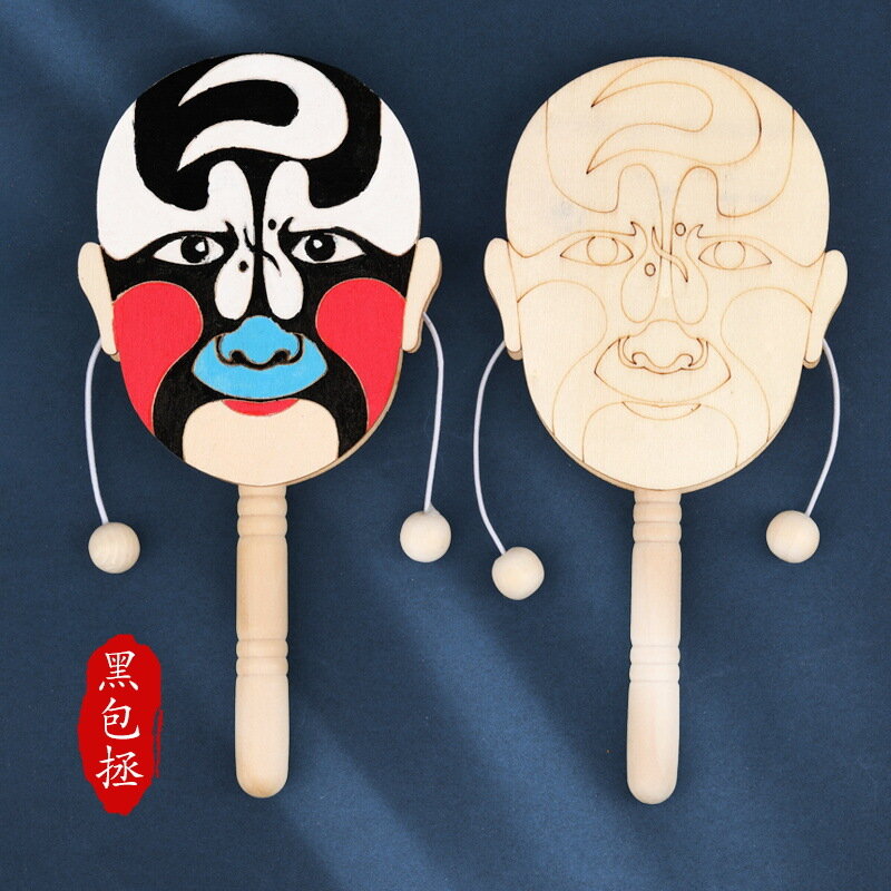 Краска для лица Пекинской оперы, тамбурин, DIY, детская ручная работа, деревянная игрушка в традиционном китайском стиле, ручная роспись, раскраска, белая деревянная заготовка