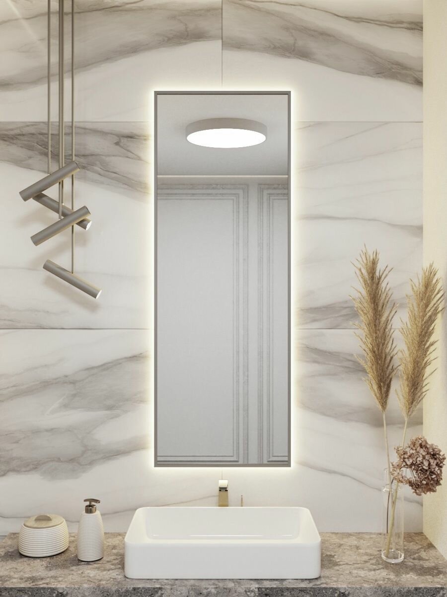 Зеркало в ванную 120х40 см. серебро с подсветкой. Свет: Нейтральный белый 4500К. В алюминиевой раме настенное BLX MIRROR