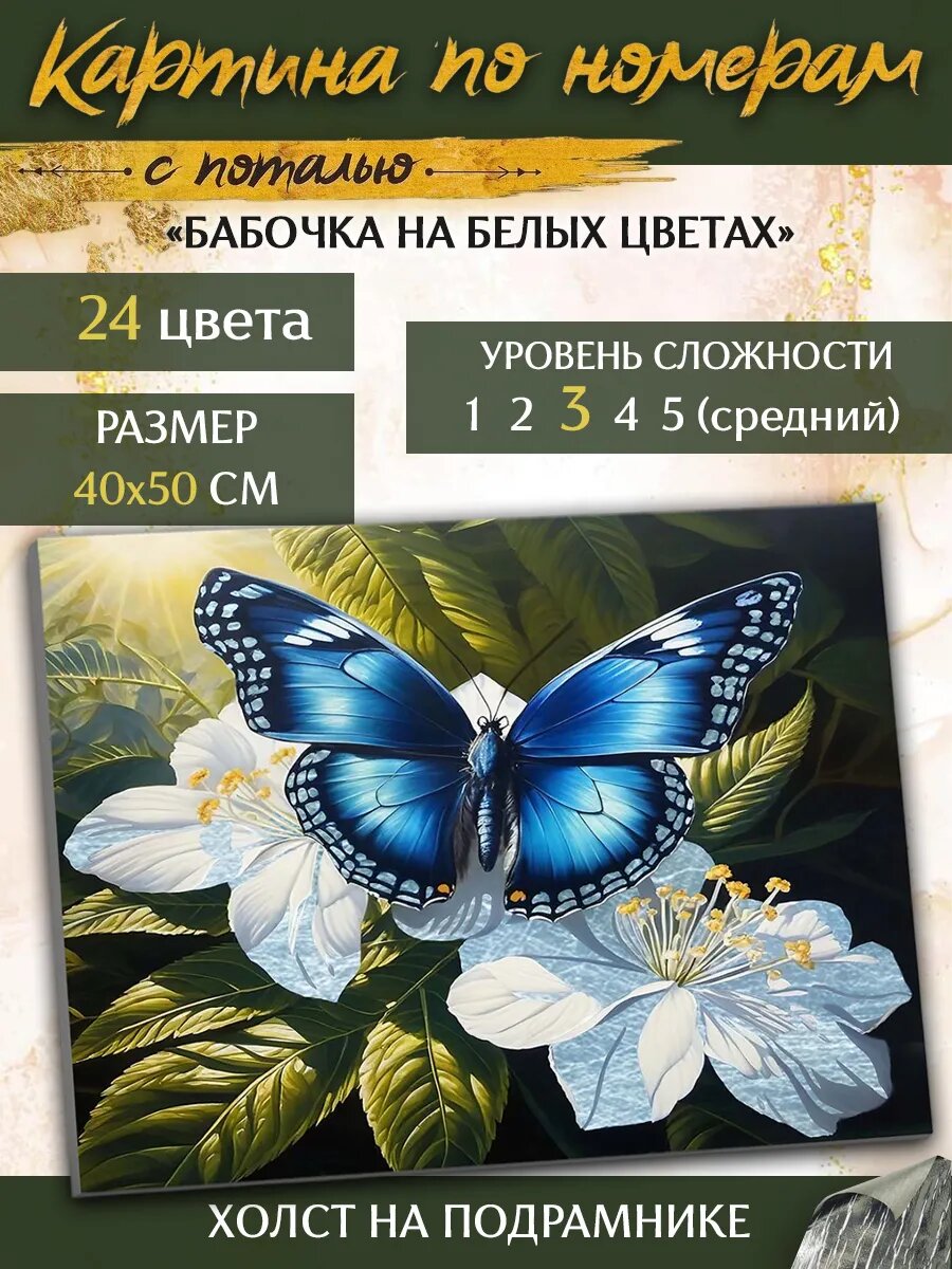 Флюид Картина по номерам "Бабочка на белых цветах" с поталью