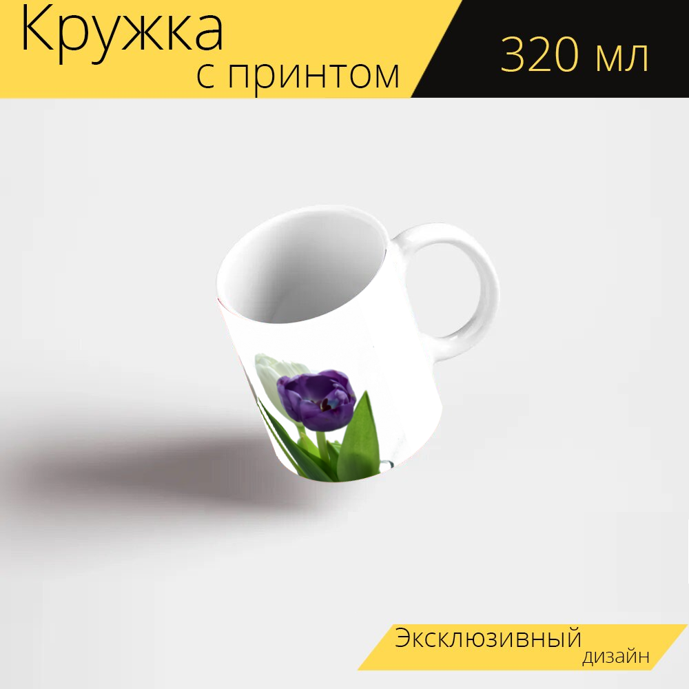 Кружка с рисунком, принтом "Три тюльпаны с пространством Три тюльпаны на белом фоне фоне в изоляции пространстве письма три тюльпаны фиолетовый белый сиреневый лавандовый." 320 мл.