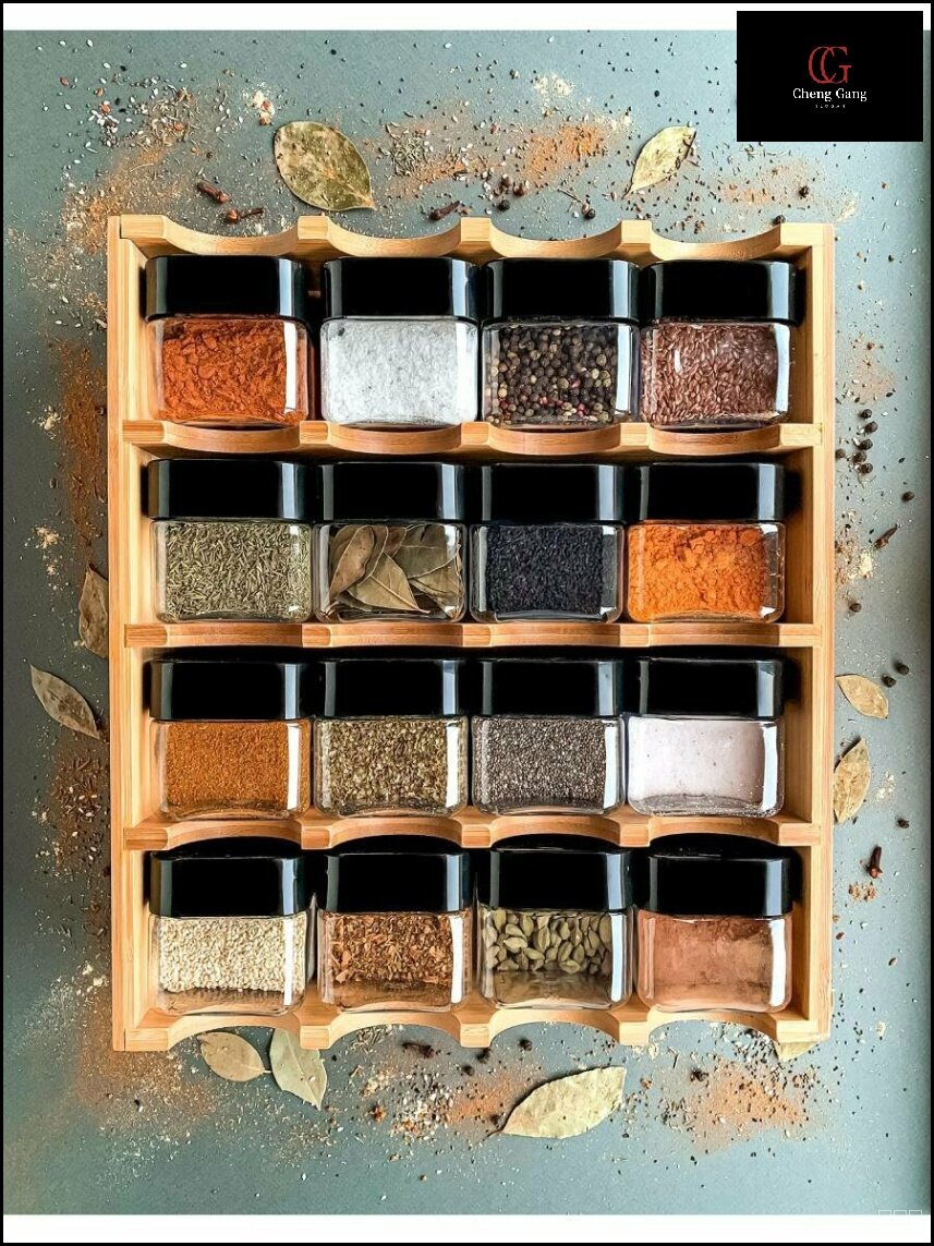 Набор баночек для специй и приправ на подставке / Органайзер для специй / Полка-держатель для специй бамбуковая