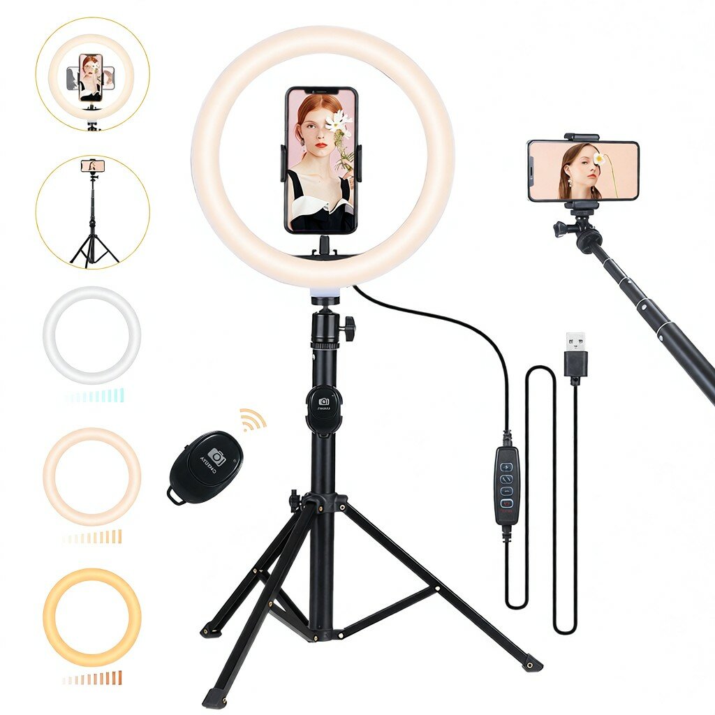 Набор регулируемого кольцевого света 10 дюймов DC5V 12W 120 светодиодов Круглая камера-лампа со штативом БТ пульт дистанционного управления 3 режима освещения и 10 уровней яркости для фотографии макияжа селфи трансляции видео
