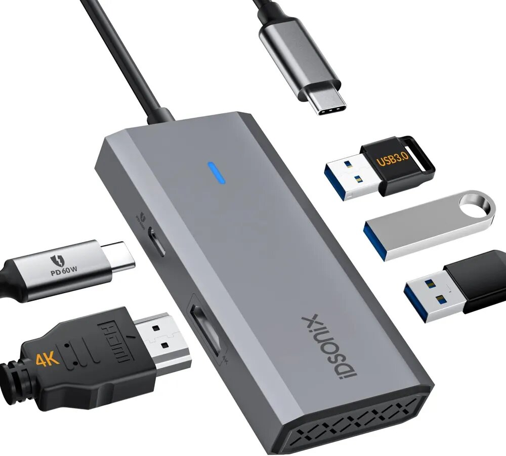 Док-станция для ноутбука IDPW Type-C HUB, PD 60 Вт 4К HDMI USB 2.0/3.0 USB-A, 5 портов для MacBook Air/Pro/HP/Dell