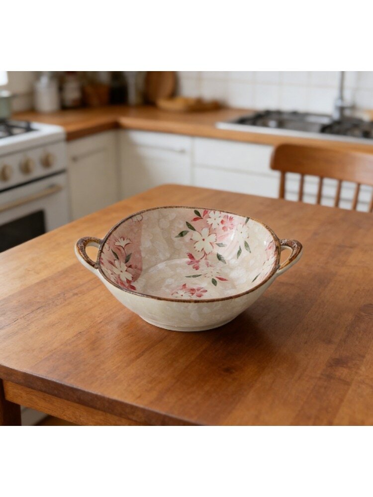 Супница с двумя ручками, салатница, миска для рамена, керамика, бело-pозовый