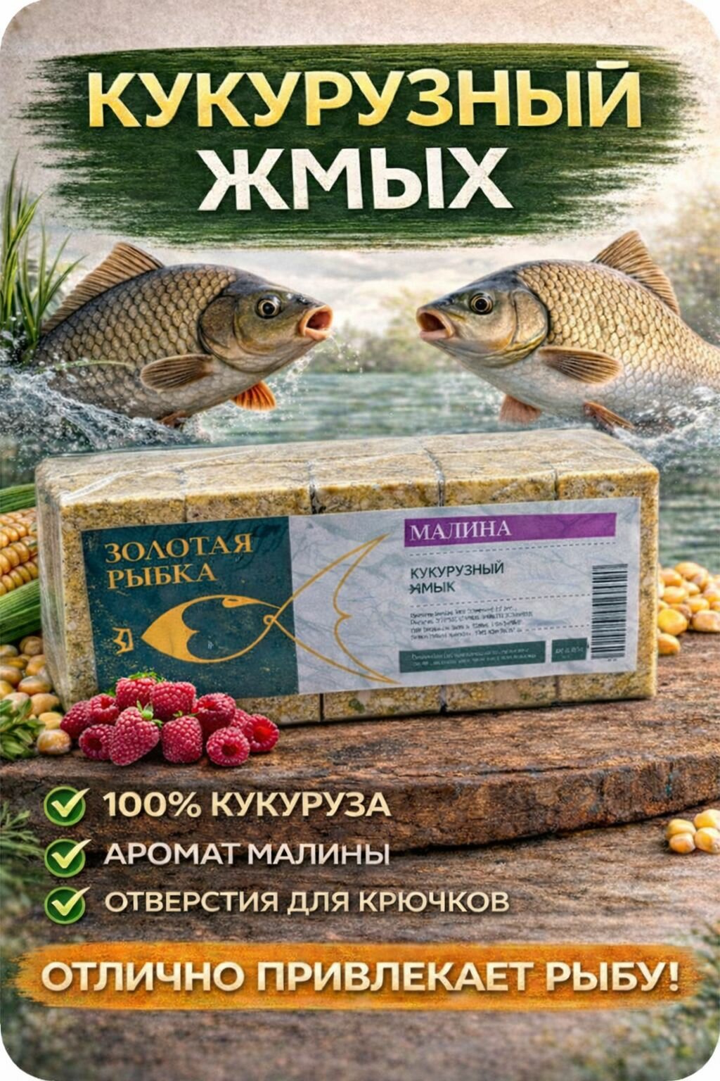Кукурузный жмых с отверстиями для крючка "Малина" 10 кубиков / Золотая рыбка, прикормка и насадка для карпа, карася, леща