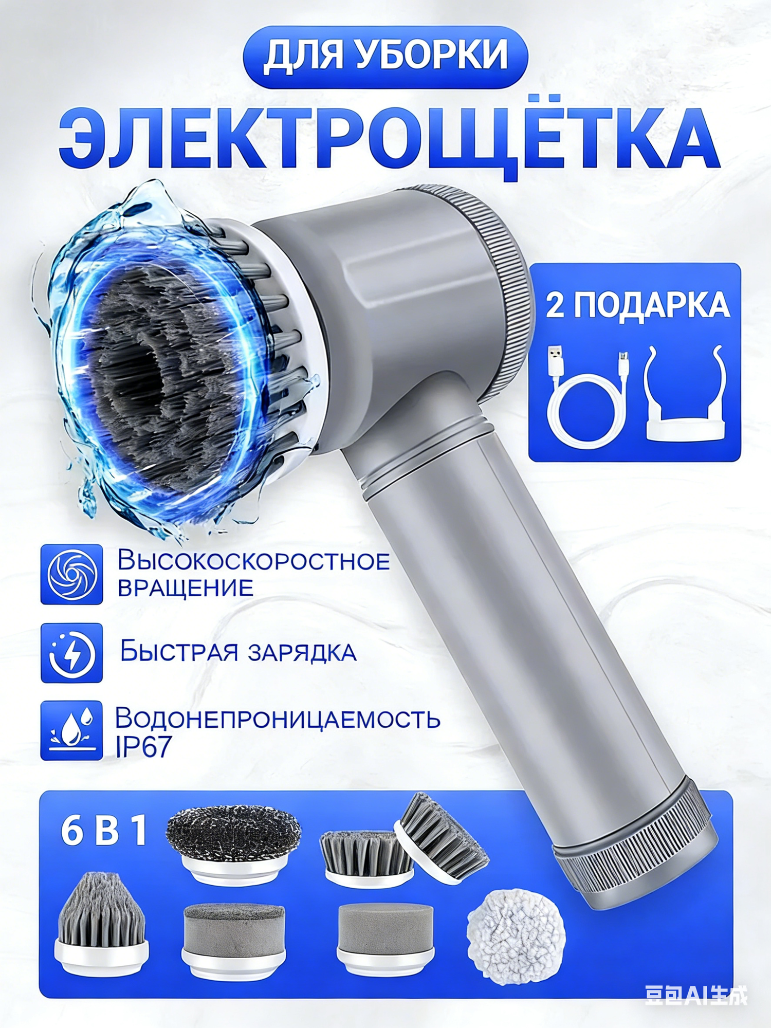 Мощная электрическая щетка для уборки беспроводная, автоматическая щетка с 6 насадками. Для обуви