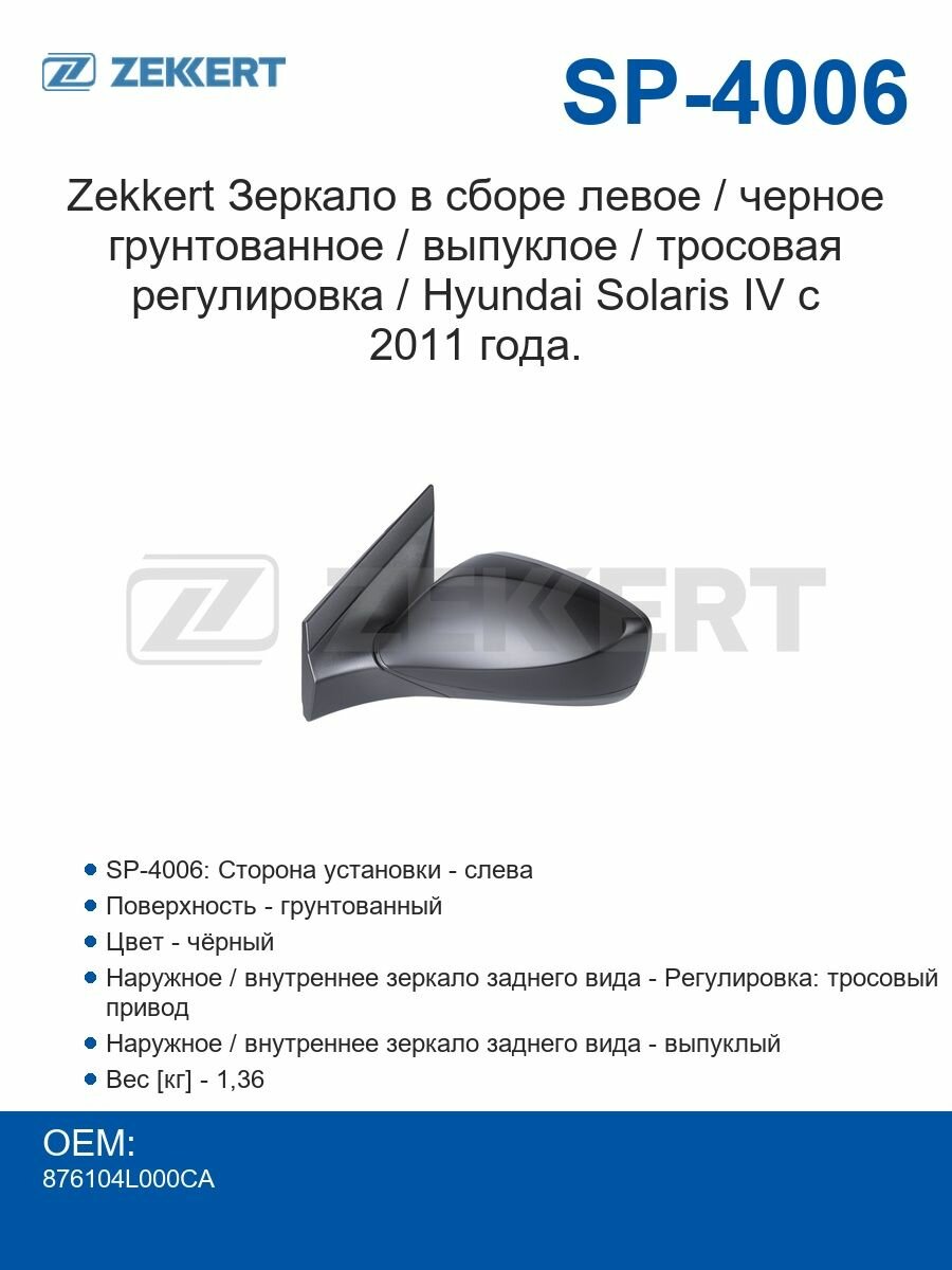 Zekkert Зеркало в сборе левое / черное грунтованное / выпуклое / трос регул / Hyundai Solaris IV с 2011 года.