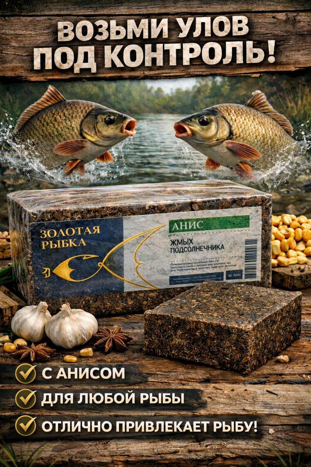 Жмых подсолнечника с отверстиями для крючка "Анис" 10 кубиков / Прикормка для рыбалки