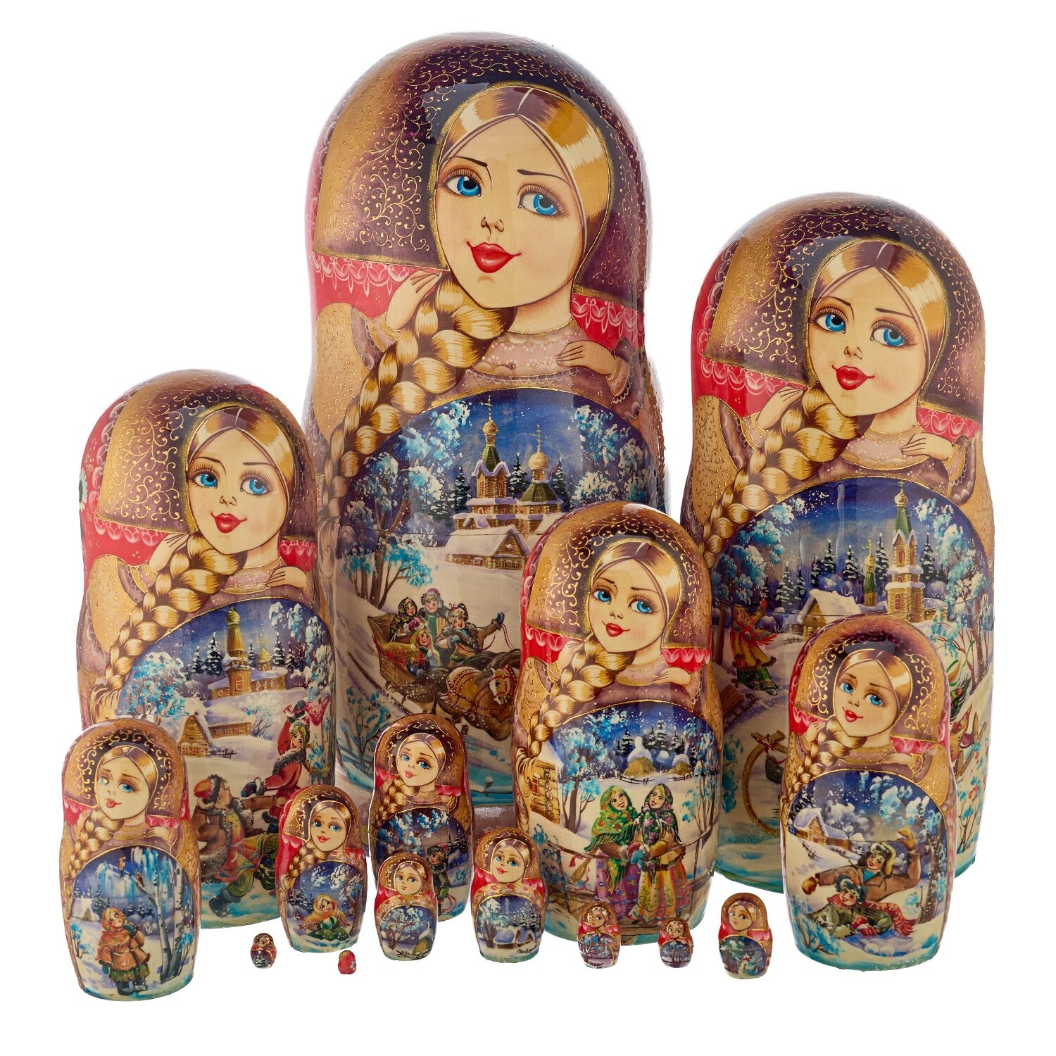 206856 матрешка"тройка. Зима". h=29 см, 15 мест