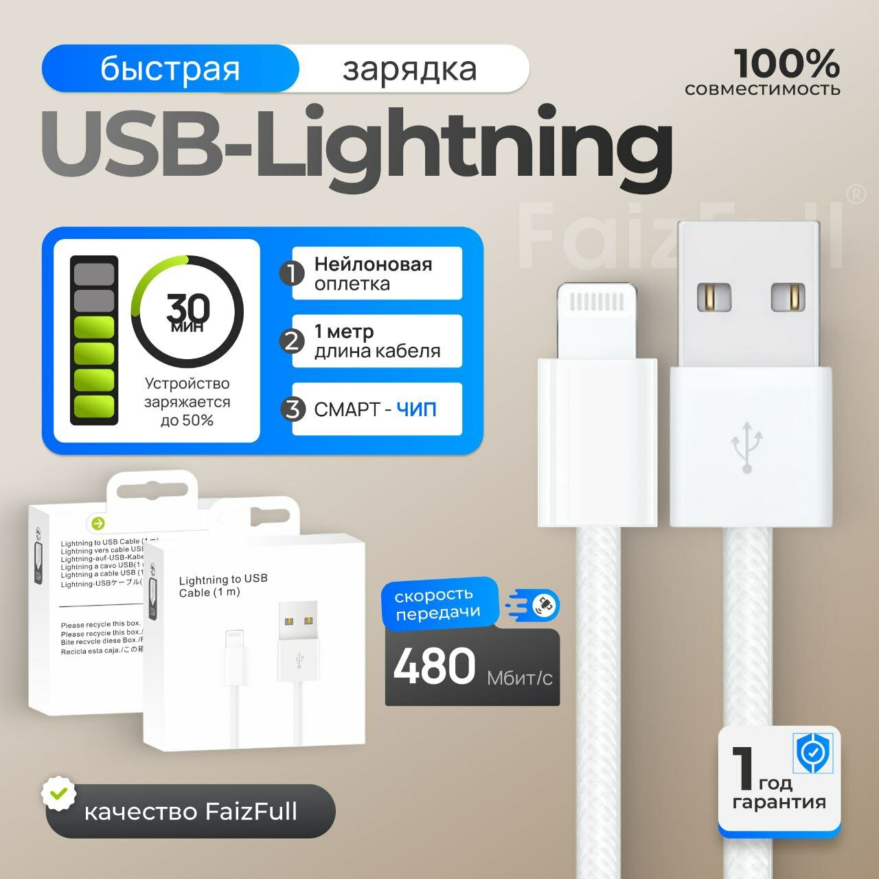 Кабель USB Type-A - Lightning для iPhone, плетенный, 1 метр, быстрая зарядка 25W