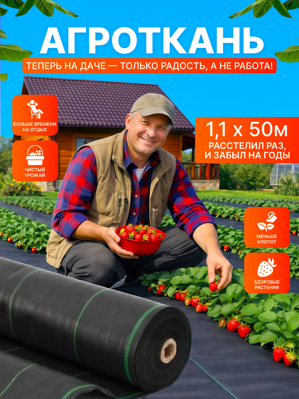 Агроткань от сорняков 1,1×50 м, черная, для больших участков и ландшафта