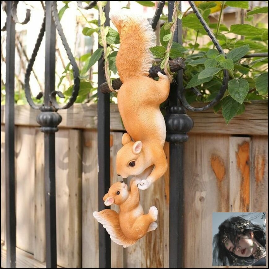 Садовые фигурки "Мать и дитя белки" для украшения забора, 13*8*31 см