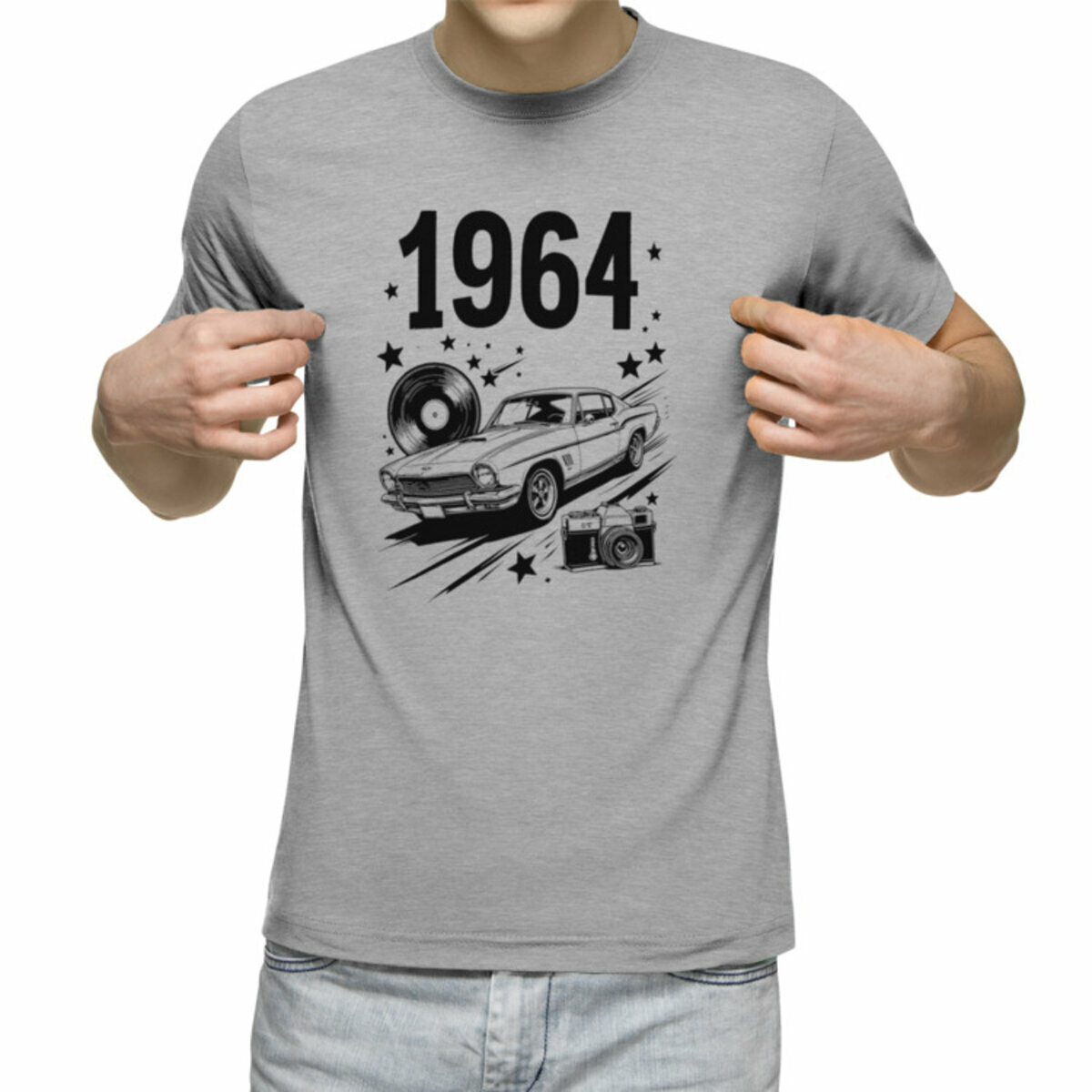 Мужская футболка «Ретро 1964: автомобиль, винил, камера» (серый меланж, S)