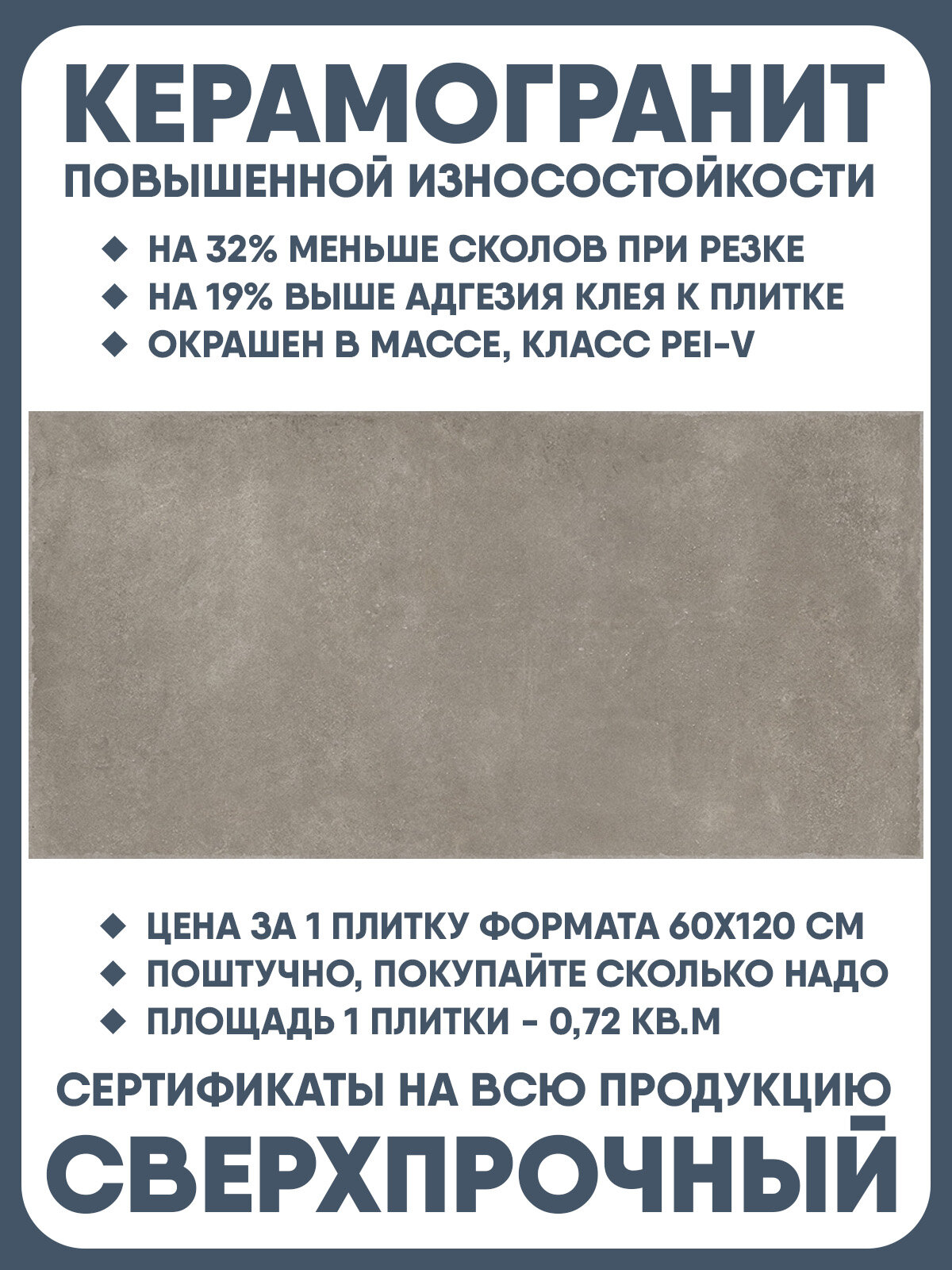 Керамогранит Mozart Concrete Smoke Edge 60x120 см, сверхпрочный, матовый, под бетон, цена за 1 плитку