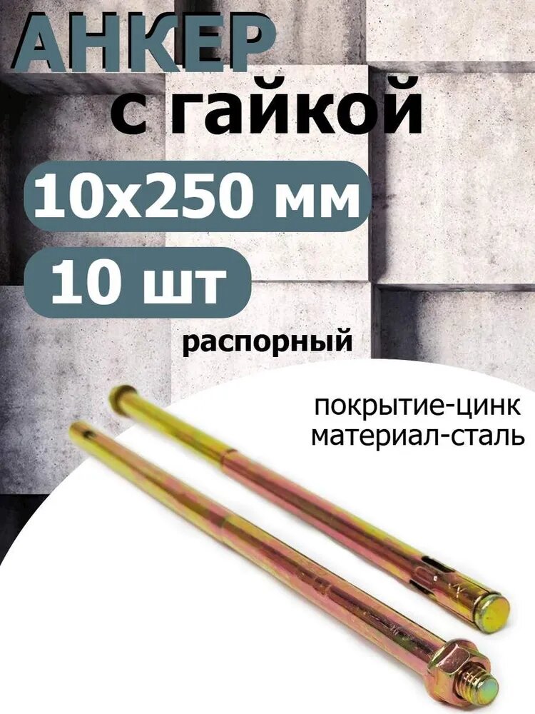 Анкер с гайкой распорный 10x250 мм, 10 шт.